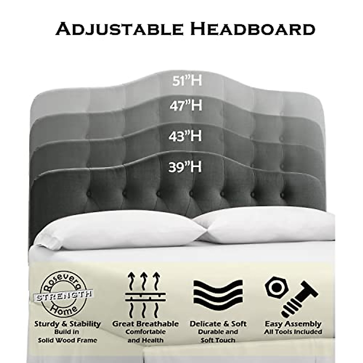 Rosevera Harriman Adjustable Heigh Headboard with Linen Upholstery and Button Tufting, King, Carbon