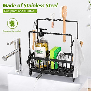 PKBD Kitchen Sink Caddy, Rustproof 304 Stainless Steel Sponge Holder for Kitchen Sink with Removable Drain Tray, Towel Holder and Brush Drainer Rack, Kitchen Organiser for Sink Tidy, Black