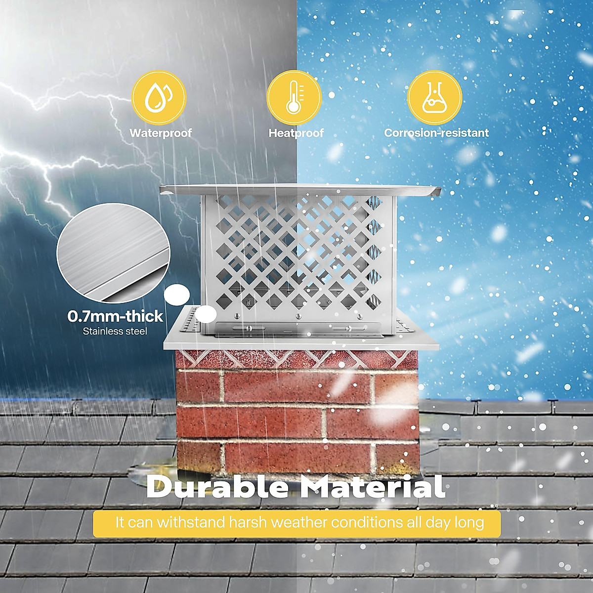 VIVOHOME Chimney Cap, 13" x 13" Square Chimney Cover, Stainless Steel Fireplace Flue Lid with Adjustable Bottom, Mesh Chimney Cover for Outside Existing Clay Flue