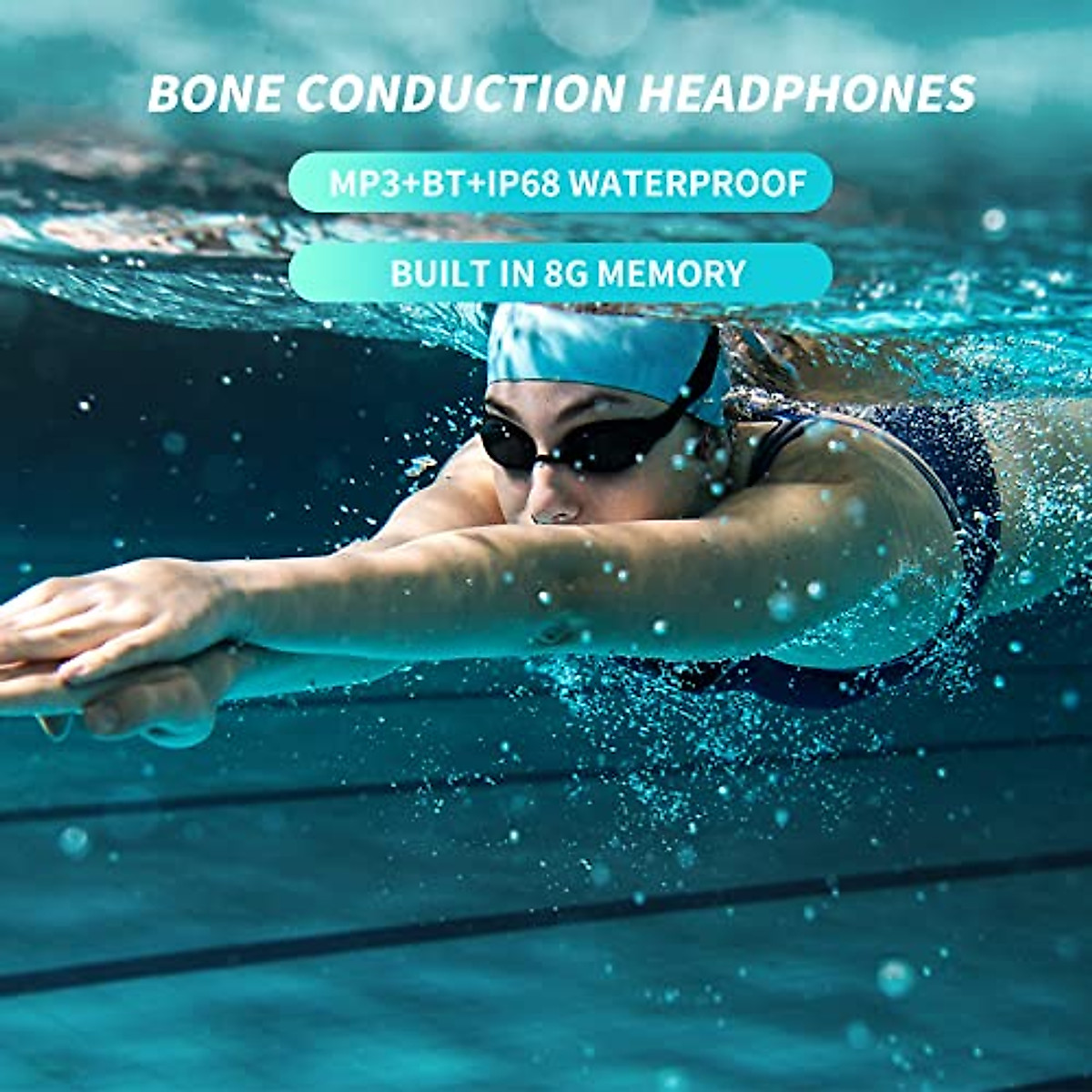 ReeRay Waterproof Bone Conduction Swimming Headphones, R5 Open-Ear IP68 MP3 Player Wireless Sport Bluetooth Earphones with Mic,Built-in 8G Memory Headset for Swimming Running Cycling Driving