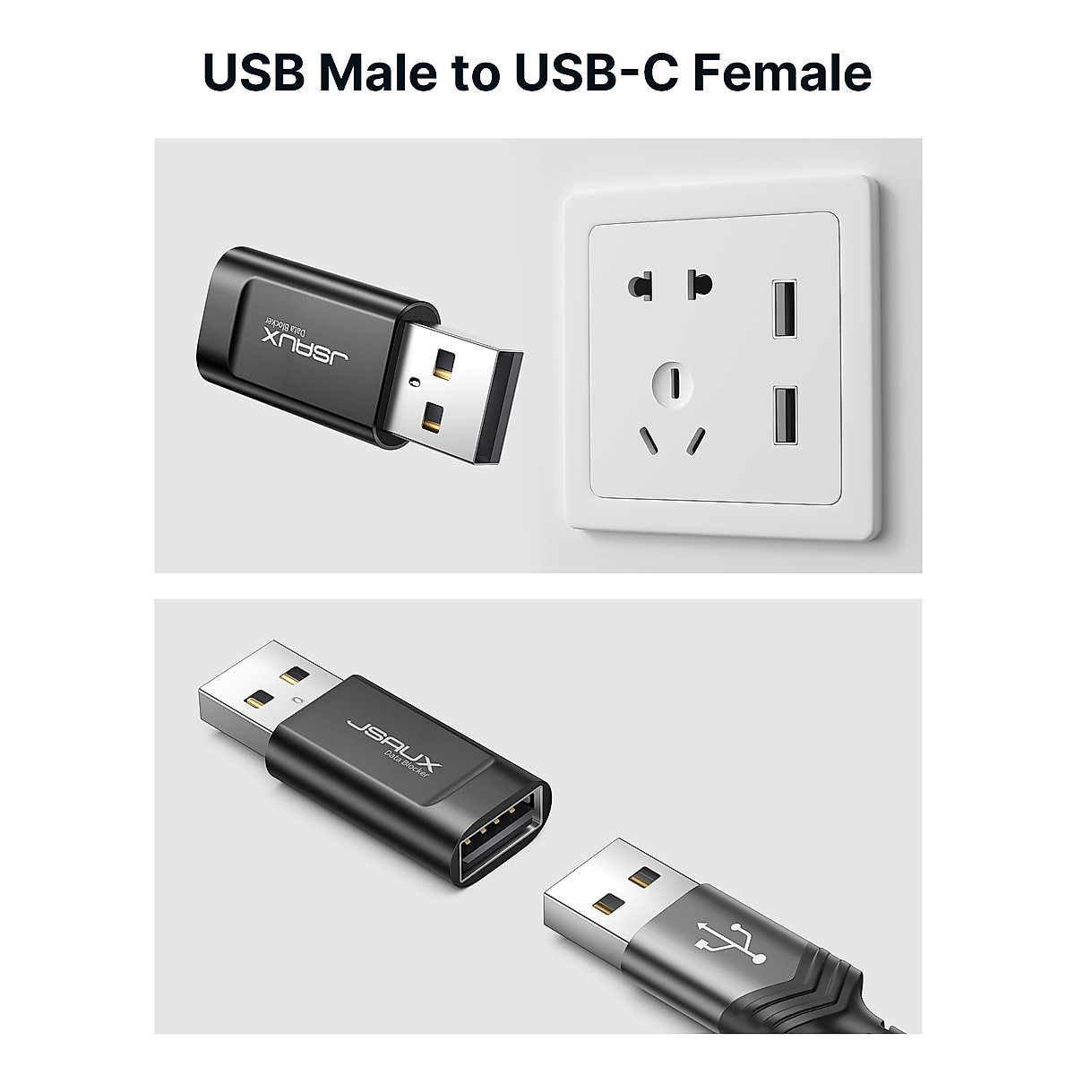 JSAUX USB Data Blocker, (4-Pack) USB-A Defender Only for Quick Charge, Protect Against Juice Jacking, Refuse Hacking Provide Safe Charging- Black