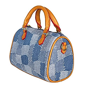 Mini Small Denim Purse Jean Purse Boston Barrel Bags Quilted Checkered Purse Top Handle Canvas Tote Bag Crossbody bags Satchel Handbag for Women,Blue