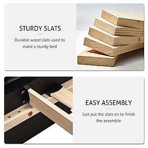 SHA CERLIN King Size Bed Frame with Iron Pieces Decor and Adjustable Headboard/Deluxe Upholstered Modern Platform Bed with Solid Wooden Slats Support/No Box Spring Needed, Black