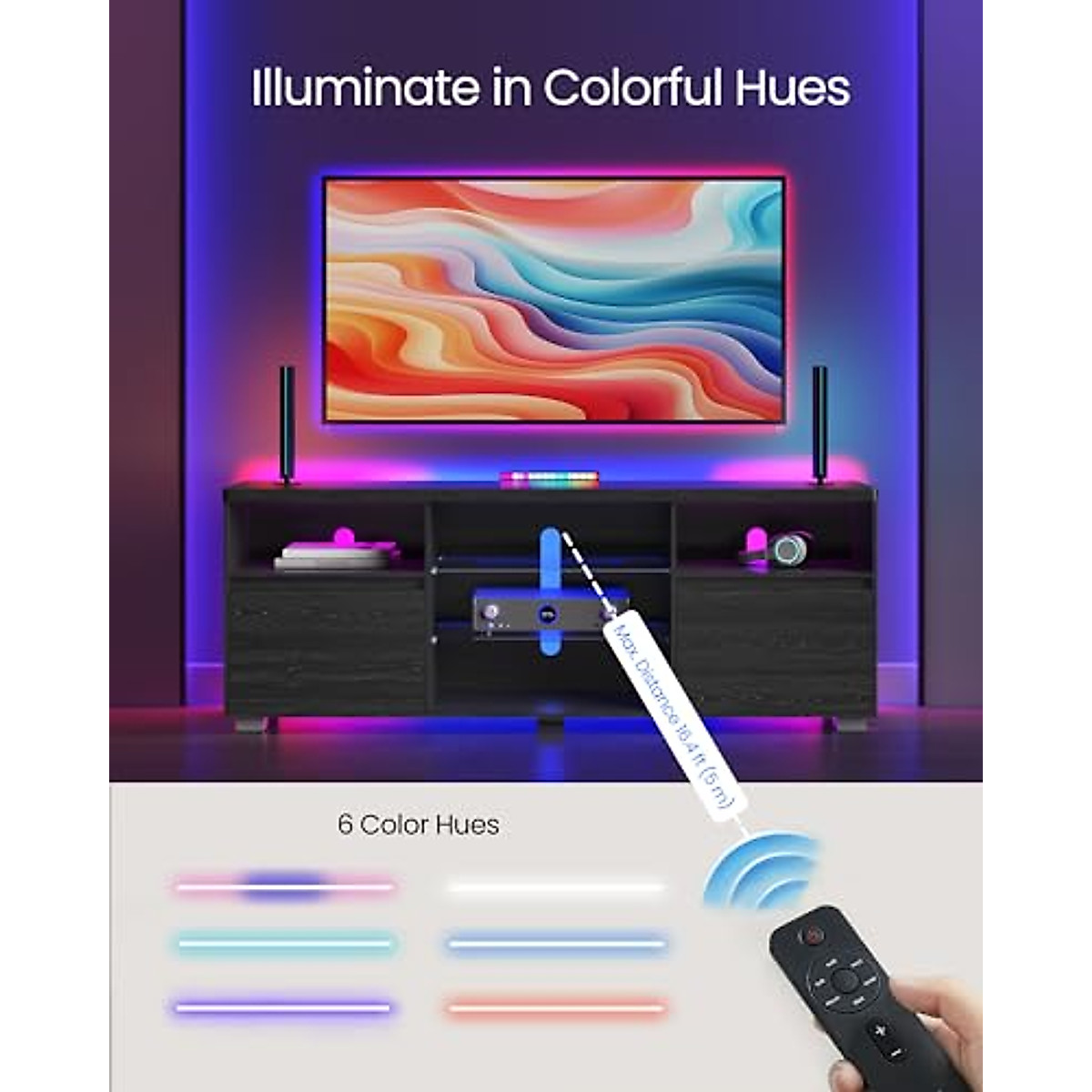 VASAGLE TV Stand with LED Lights for TVs up to 70 Inch, Entertainment Center with Open Glass Shelves, 2 Cabinets with Doors, 63-Inch Long, TV Console for Bedroom Living Room, Black ULTV330T21