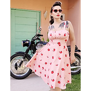 Retro Dresses for Women Vintage 1950s Dresses Floral A-Line Swing Midi Sun Dresses Women Summer Strawberry X-Large