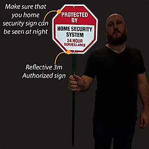 SmartSign 10 x 10 inch “Protected By Home Security System - 24 Hour Surveillance” Yard Sign with 3 foot Stake, 40 mil Aluminum 3M Laminated Engineer Grade Reflective, Red, Black and White, Set of 1
