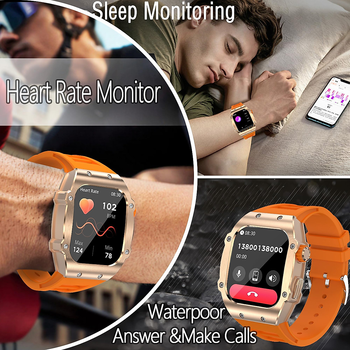 Smart Watch (Dial/Call) Outdoor Sports Watch for Men Waterproof Smartwatches 1.91 Super Large HD Touch Screen Heart Rate and Sleep Monitor Bluetooth Call for iOS Android Phone，55 Orange