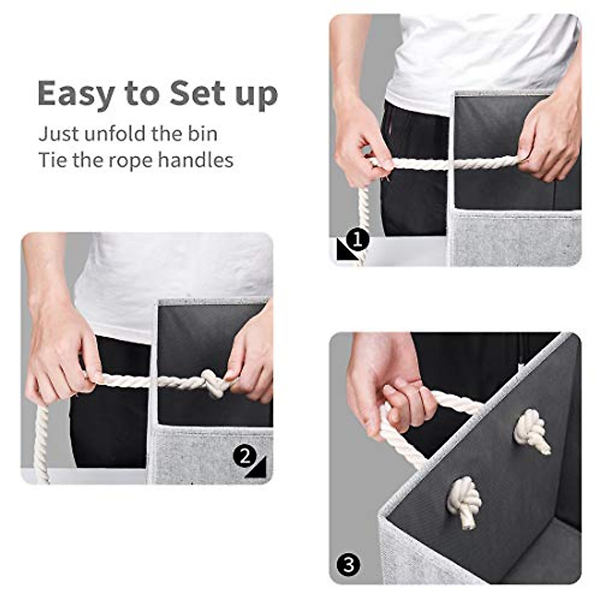 Robuy Cube Storage Bins,Grey Fabric Foldable Storage Bins,Set of 3 Stroage Boxes with Cotton Rope Handles for Organizer Home,Office, Nursery 13x13x13 inch