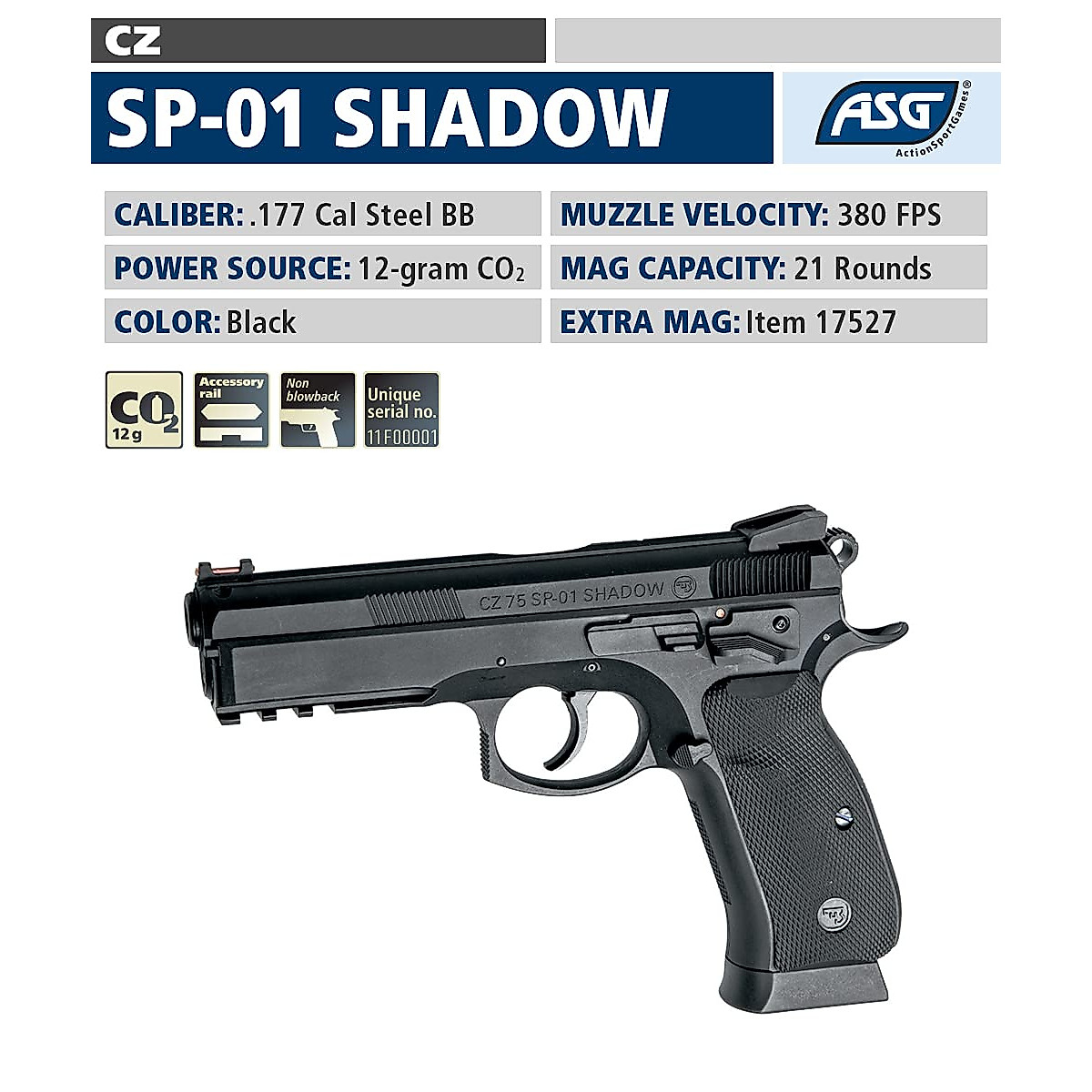 ASG CZ SP-01 Shadow .177 Caliber Steel BB Gun Air Pistol, Non-Blowback