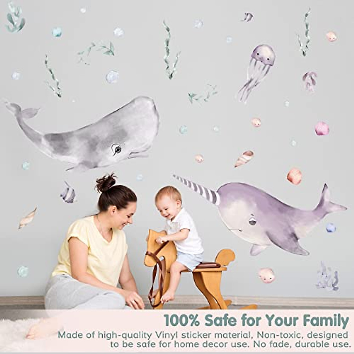 Big Fish Wall Stickers Dreamy Whale Wall Decals for Nursery Wall Decor Fairy Room Wall Stickers Peel and Stick Kids Decals for Girls Bedroom Living Room Wall Decor