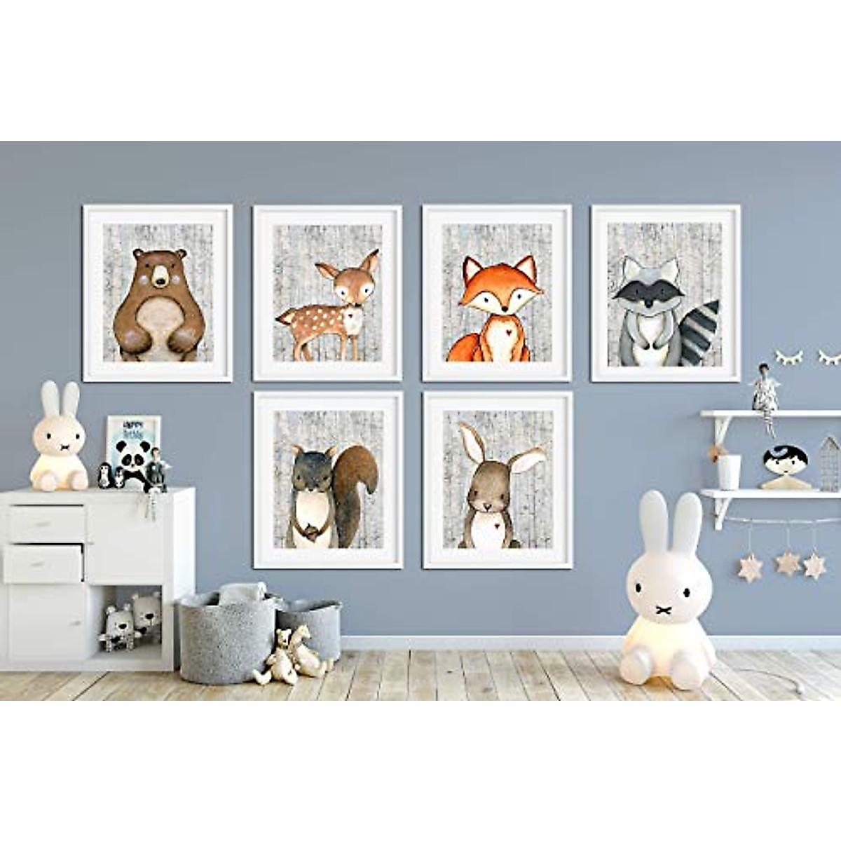 Woodland Nursery Decor for Boys - Animal Pictures Wall Art - Baby Room Prints - Bear Deer Fox Raccoon Rabbit Squirrel - SET OF 6-8x10 - UNFRAMED