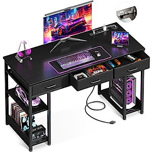 AODK 48 Inch Gaming Desk with Fabric Drawers & Power Outlets, Computer Desk with Storage Shelves & CPU Stand, Gamer Table, Writing Study Desk with Type-C & USB, Small Desk for Bedroom, Black