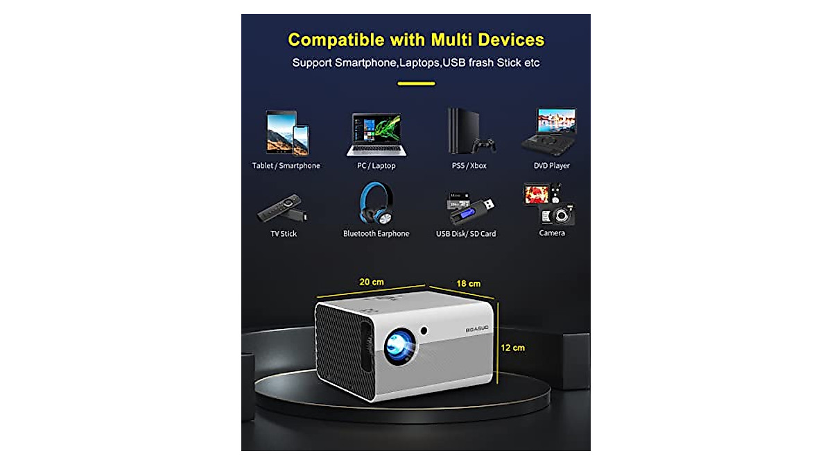 BIGASUO 1080P Outdoor Projector with Bluetooth & 250-Inch Screen