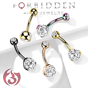 Forbidden Body Jewelry Belly Button Rings 14K Gold Plated Double Jeweled CZ Crystals 14G Surgical Steel