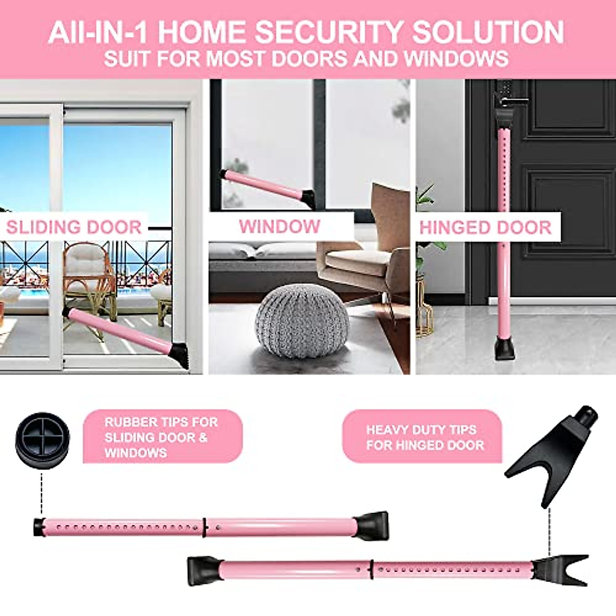 AceMining Upgraded Door Security Bar & Sliding Patio Bar, Heavy Duty Stoppers Adjustable Jammer for Home, Apartment, Travel (2 Pack,Pink)