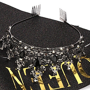 Birthday Queen Sash and Tiara for Women Crystal Tiara and Satin Kit for Girl Rhinestones Crown with Comb Glitter Hair Accessories for Prom Party Decoration Cake Topper Accessory Set with Pin (Black