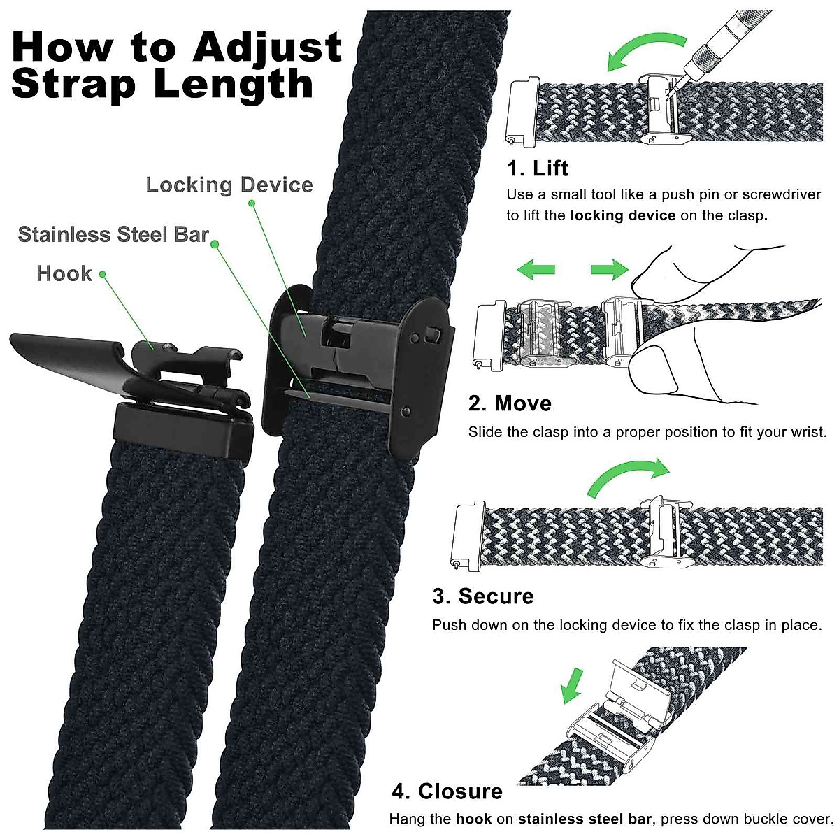 WOCCI 18mm Braided Nylon Watch Band for Men and Women, Quick Release, Black Stainless Steel Buckle (Black)