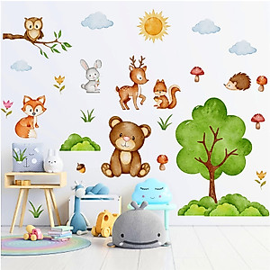Watercolor Tree Animals Wall Decals,Cartoon Animal Wall Stickers,Nursery Wall Decor Woodland Animal Wall Decals,Fox Giraffe Bear Forest Animal Wall Decal for Kids Room Bedroom Classroom Playroom Decor