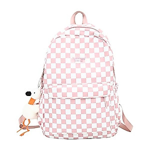 MININAI Y2K Aesthetic Checkered Backpack with Kawaii Pendant Checkerboard Backpack Cute Preppy Laptop Backpack Light Rucksack (One Size,Pink)
