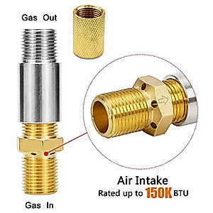 Hisencn 1/2" LP Air Mixer Valve for Fire Pits, 150K BTU Capacity High 304 Stainless Steel and Solid Brass Liquid Propane Gas Copper Joint, 1/2 inch NPT Female and Male Thread with A Brass Adapter
