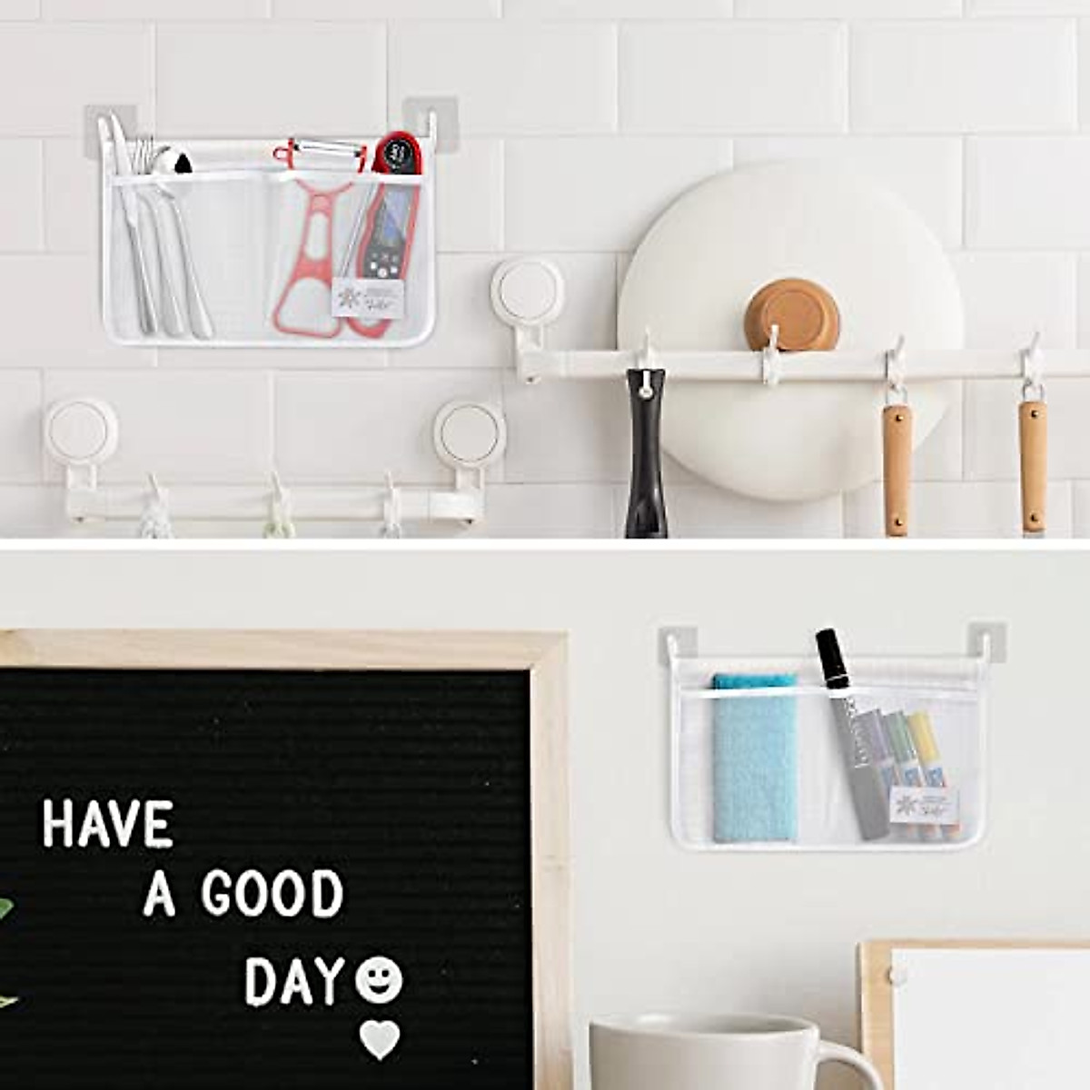 QIENGO 3 Packs Refrigerator Door Organizer Kitchen Storage Bag Home Small Objects Classification Hanging Mesh Pocket Organization Accessories Containers With 6 Wall Hooks (White)