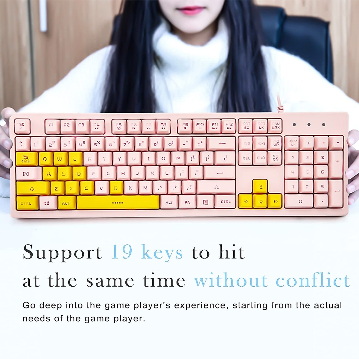VINMEN Pink Gaming Keyboard with 7 Color LED Backlit Wired USB 104 Keys Keyboard Waterproof Fresh Style Computer Game Keyboard for PC Mac Laptop
