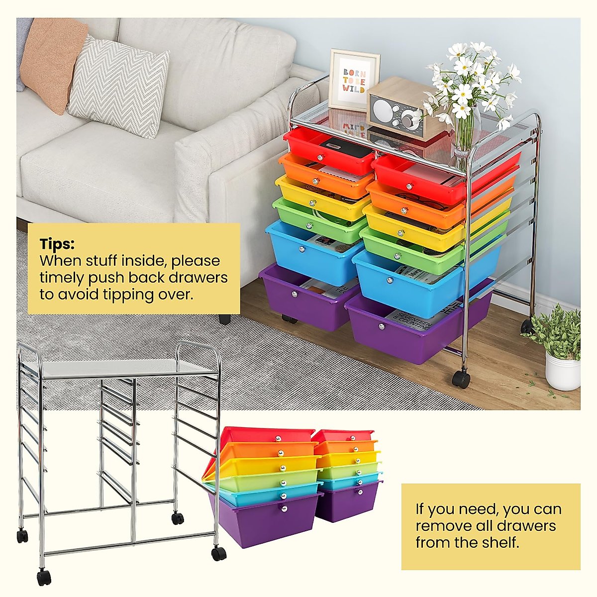 LDAILY 12 Drawer Rolling Storage Cart, Craft Cart Organizer on Wheels with Metal Frame, Large Capacity & Smooth Drawer, Rolling Cart with Drawers for Living Room, Classroom, Office (Multicolor)