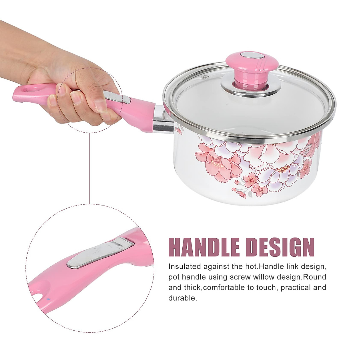Enamel Saucepan 1500ml, Floral Small Cooking Pot Casserole with Glass Lid, Handle, Milk Pan Ramen Stockpots for Induction, Electric and Gas Stoves.