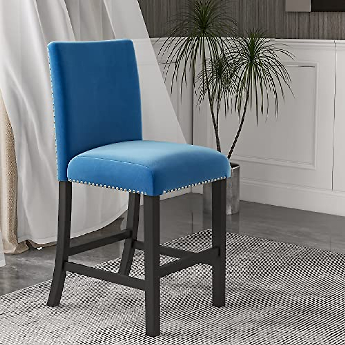 WOZNLA Room 5-Piece Counter Height Dining Set, Square Faux Marble Table with 4 Comfortable Upholstered Chairs, Small Family Kitchen Gathering, Blue