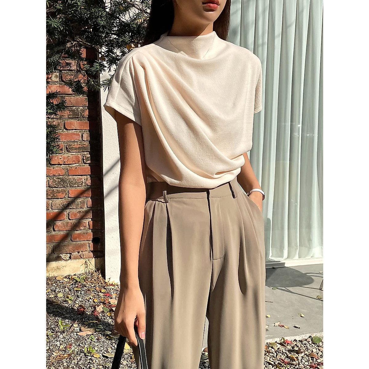 SweatyRocks Women's Casual Short Sleeve Mock Neck Tee Top Asymmetric Ruched Plain T Shirt Beige S