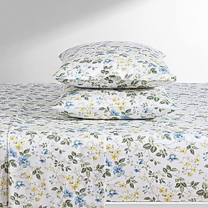Laura Ashley Home - King Sheets, Soft Sateen Cotton Bedding Set - Sleek, Smooth, & Breathable Home Decor, Meadow Floral Blue