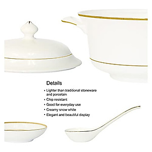 Bone China Soup Tureen with lid, ladle and spoon rest, 2.97QT, Gold Rim, 4PC set, Big Serving Bowl, Elegant Ceramic Porcelain, White, Translucent, Modern, Simple and resistant, Greeting dinnerware