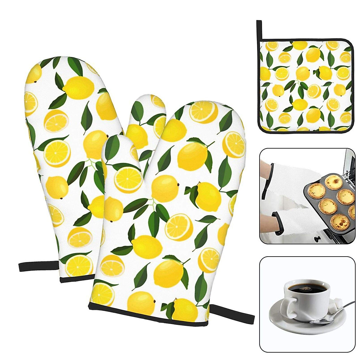 Lemon Oven Mitts and Pot Holders Sets of 3,Resistant Hot Pads with Polyester Non-Slip BBQ Gloves for Kitchen,Cooking,Baking,Grilling