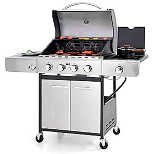 Sophia & William 4-Burner Propane Gas Grill with Side Burner and Porcelain-Enameled Cast Iron Grates 42,000BTU Outdoor Cooking Stainless Steel BBQ Grills Cabinet Style Patio Garden Barbecue Grill