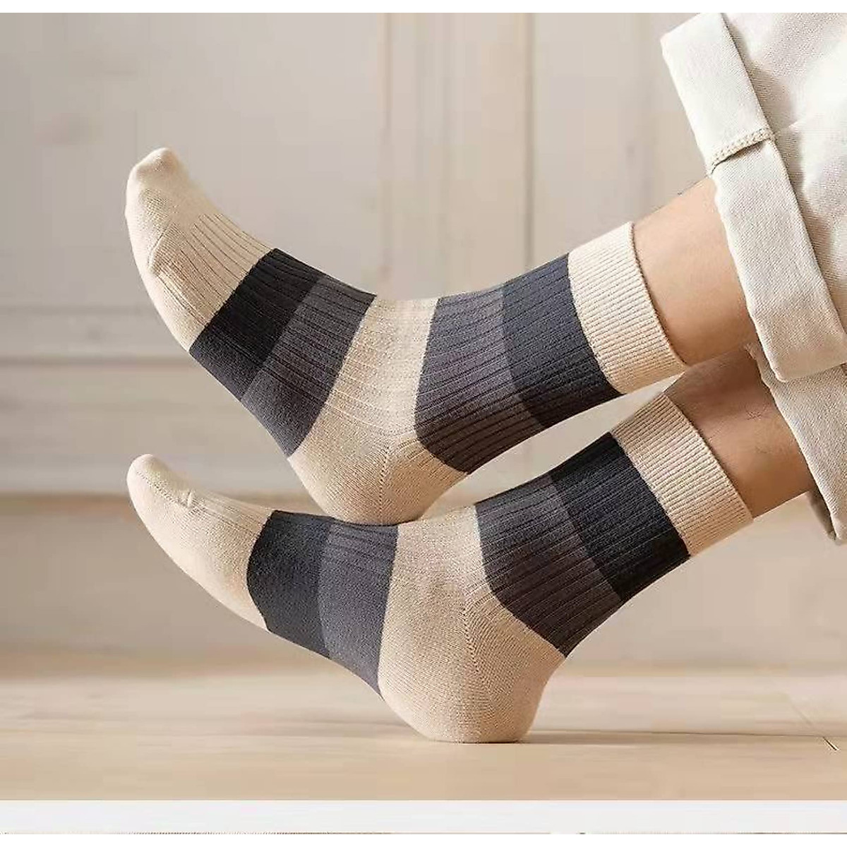 ZINDE 6 Pairs Soft Cotton Socks for Women Girl Thick Knit Breathable Cute Stripe Fashion Above Ankle Crew Socks Set (6 Pairs-08)