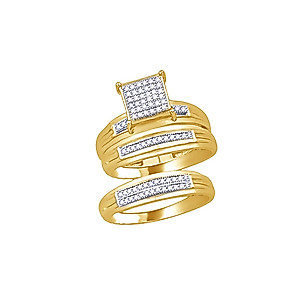AFFY White Natural Diamond Wedding & Engagement Trio Band Ring Set in 10k Solid Yellow Gold (0.25 Cttw)