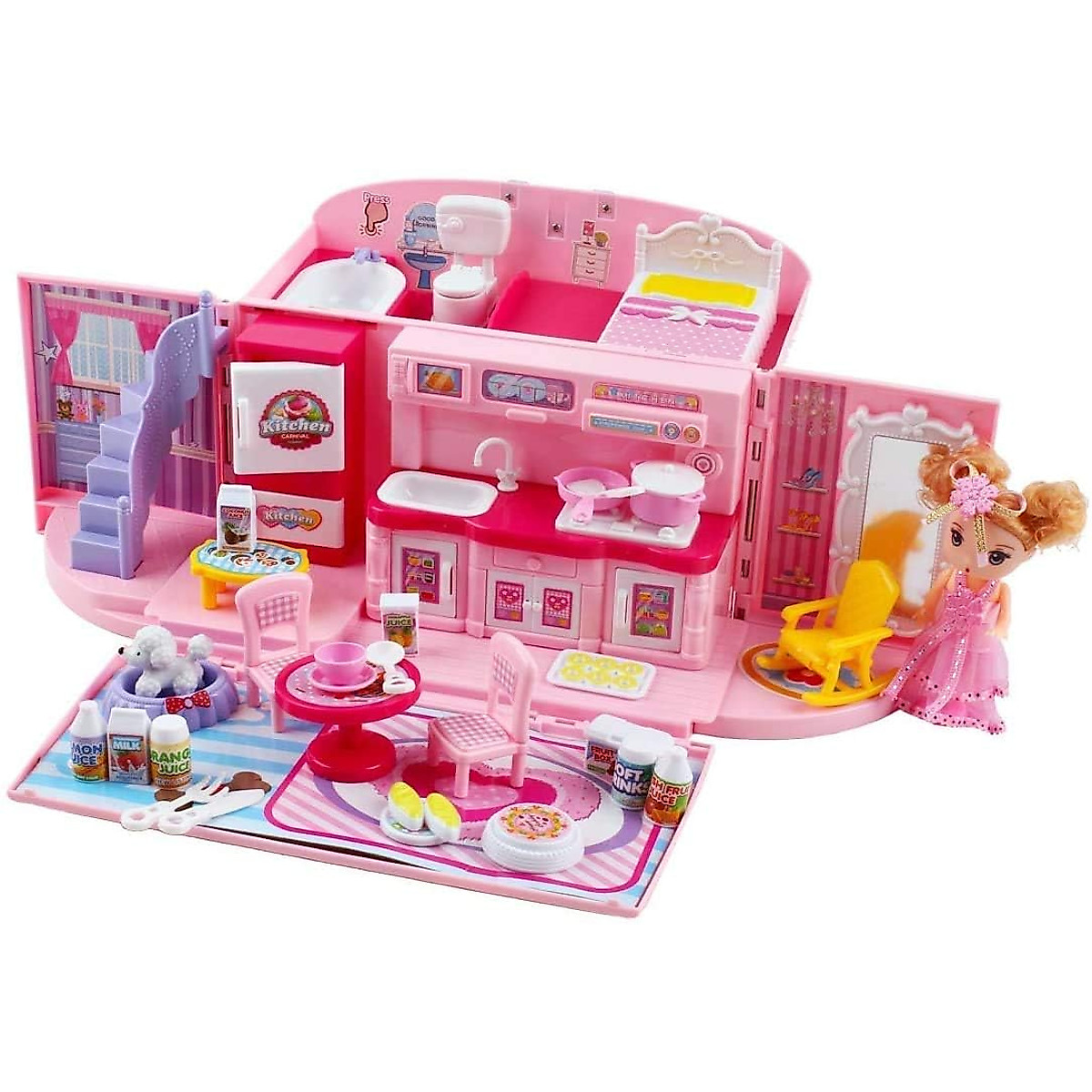 deAO Doll Houses Portable Backpack for Girls with Doll Toy House with Light and Music Baby Dollhouse Furniture for 3 to 8 Years Olds Toddler Kids