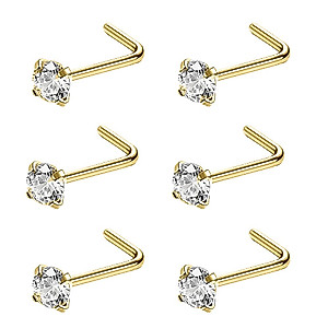 6ixGosh 6pcs 20g Nose Studs Black Rose Gold Nose Rings Stainless Steel L Shaped Corkscrew Nose Ring Studs for Women Men Small Cute Nose Rings Stud 3mm Cz Nostril Piercing Jewelry