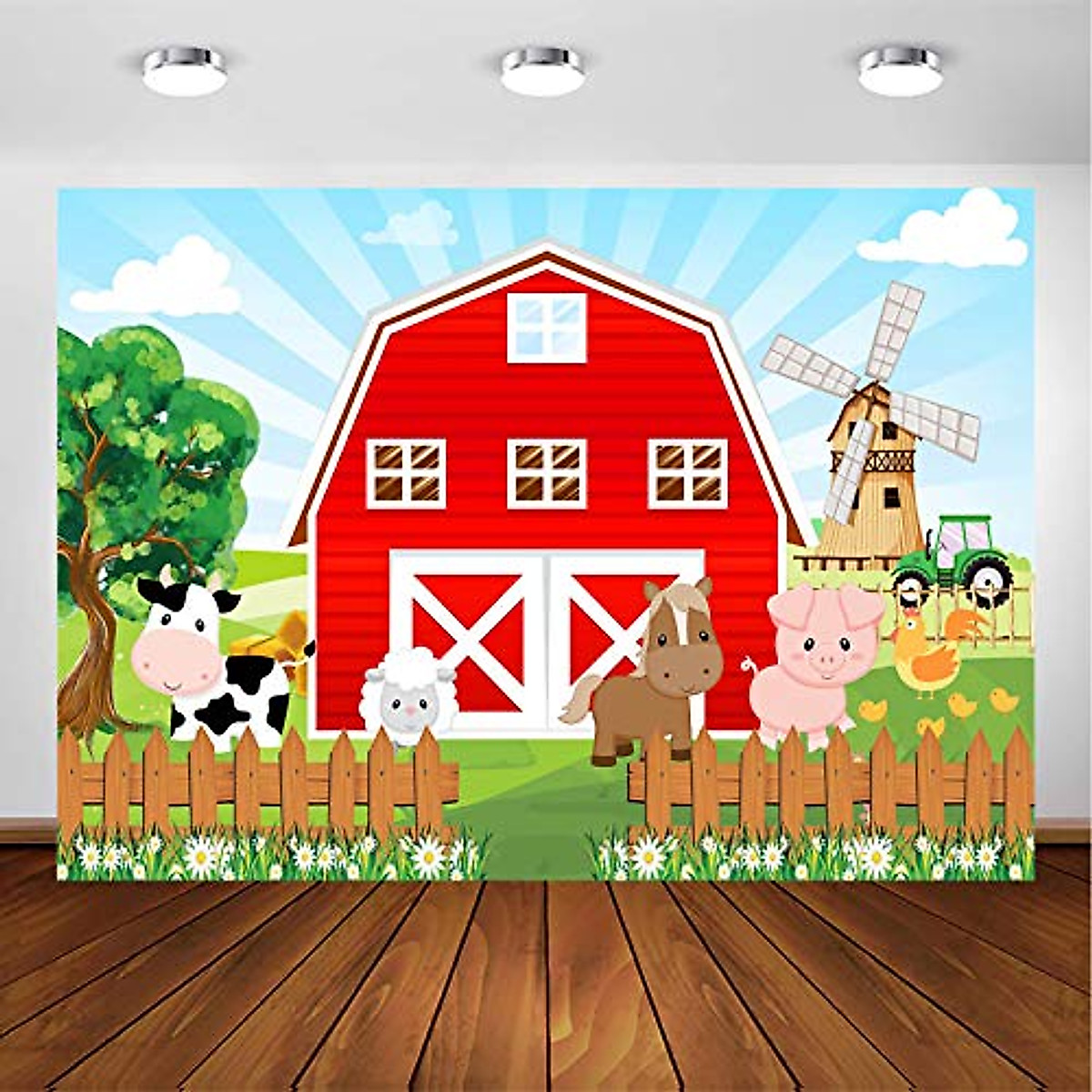 Avezano Farm Red Barn Backdrop for Kids Party Cartoon Farm Animals Birthday Party Photoshoot Photography Background Farm Theme Party Cake Table Banner Photobooth Decorations (7x5ft)