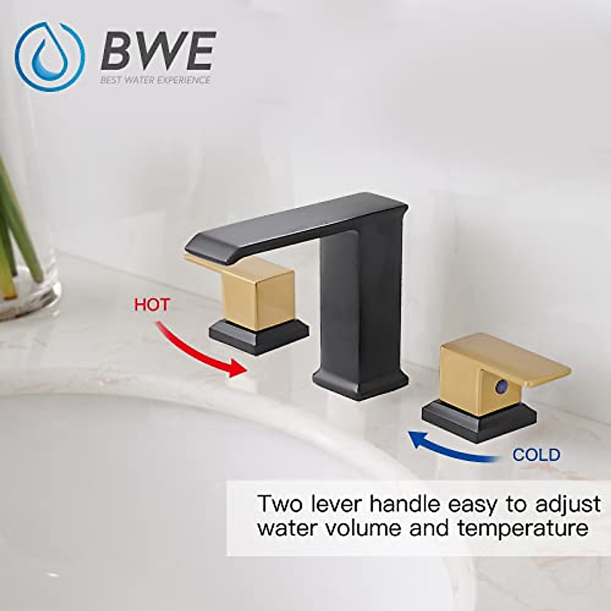 BWE Waterfall Bathroom Faucet Black and Brushed Gold 3 Holes 8 Inch Two Handles Vanity Bathroom Sink Faucet with Pop Up Drain Stopper and Supply Lines Square Bath Lavatory Mixer Tap