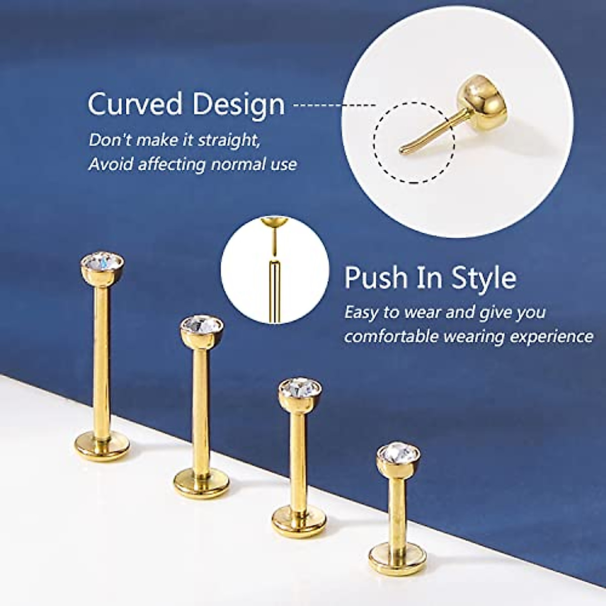 ZS 12Pcs 16G Pushin Lip Rings, Stainless Steel Medusa Piercing Jewelry, 2mm 3mm 4mm CZ Forward Helix Earring, Labret Monroe Piercing Jewelry for Women Men (Gold,L:8mm)
