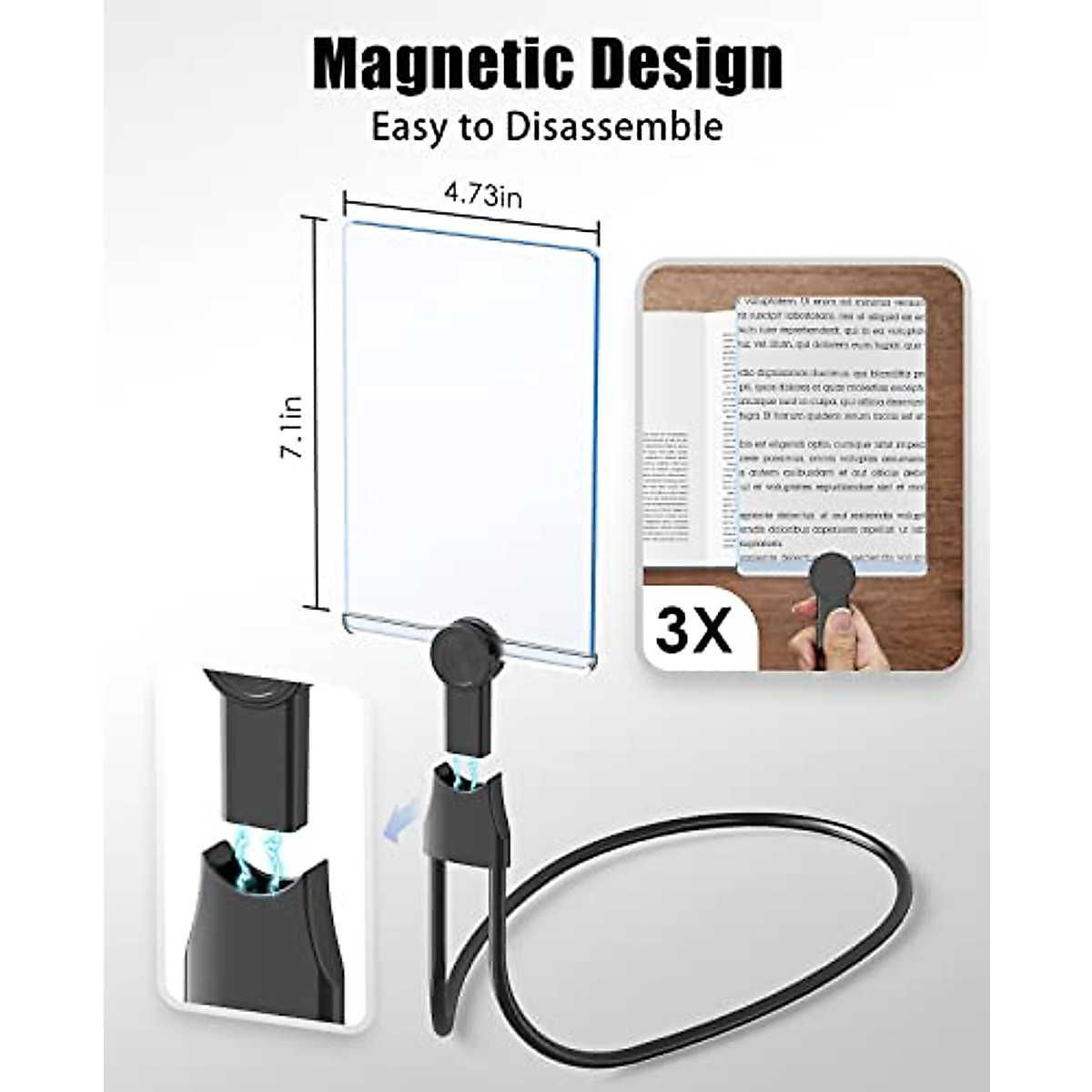 3X Hands Free Magnifying Glass for Reading. 7.1"x4.7"Large Full Book Page Magnifier for Neck Wear. Magnifier for Reading,Sewing, Cross Stitch, Inspection (Black)