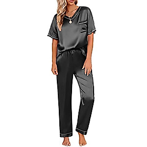 Ekouaer Short Sleeve Pajamas Set for Women Satin Silk Long Pant Pj Set Sleepwear Two Piece Nightwear Black L