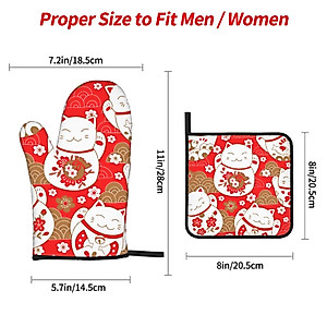 Japanese Cute Lucky Cats 4 Pcs Set Oven Mitts and Pot Holders Heat Resistant Oven Gloves and Hot Pads for Baking Cooking