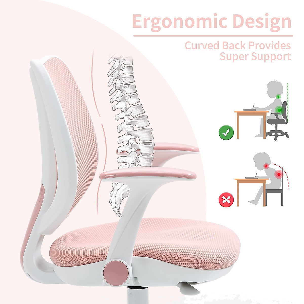 HOMEFUN Kids Desk Chair, Computer Chairs with Armrest and Footrest for Boys Girls Cute Mesh Ergonomic with Adjustable Height Swivel Safe Sit-Locking Casters Pink