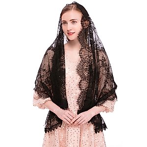 PAMOR Rectangular Chapel Veil Spanish Lace Floral Mantilla Veils Wrap Shawl Mass Head Covering (Black)