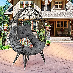 Temminkii Outdoor Patio Wicker Egg Chair Indoor Basket Wicker Chair with Grey Cushion for Backyard Poolside