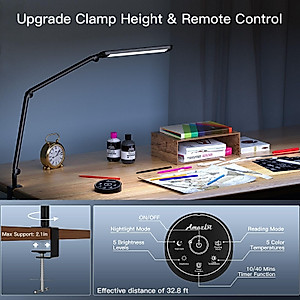 LED Desk Lamp with Clamp, 12W Eye-Caring Swing Arm Table Lamp, Stepless Dimming and Adjustable Color Temperature,Modern Architect Lamp with Memory and Timing Function for Study, Work, Home, Office