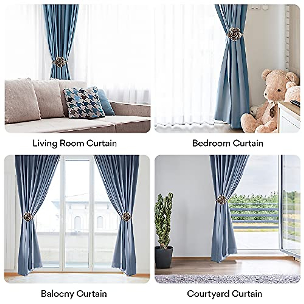 Magnetic Curtain Tiebacks, Aimou Resin Flower Curtain Ties, Vintage Curtain Drapery Holdbacks, Magnetic Window Drapery Decorative Holders with Rope for Outdoor, Home, and Office(4 Pack, Bronze)