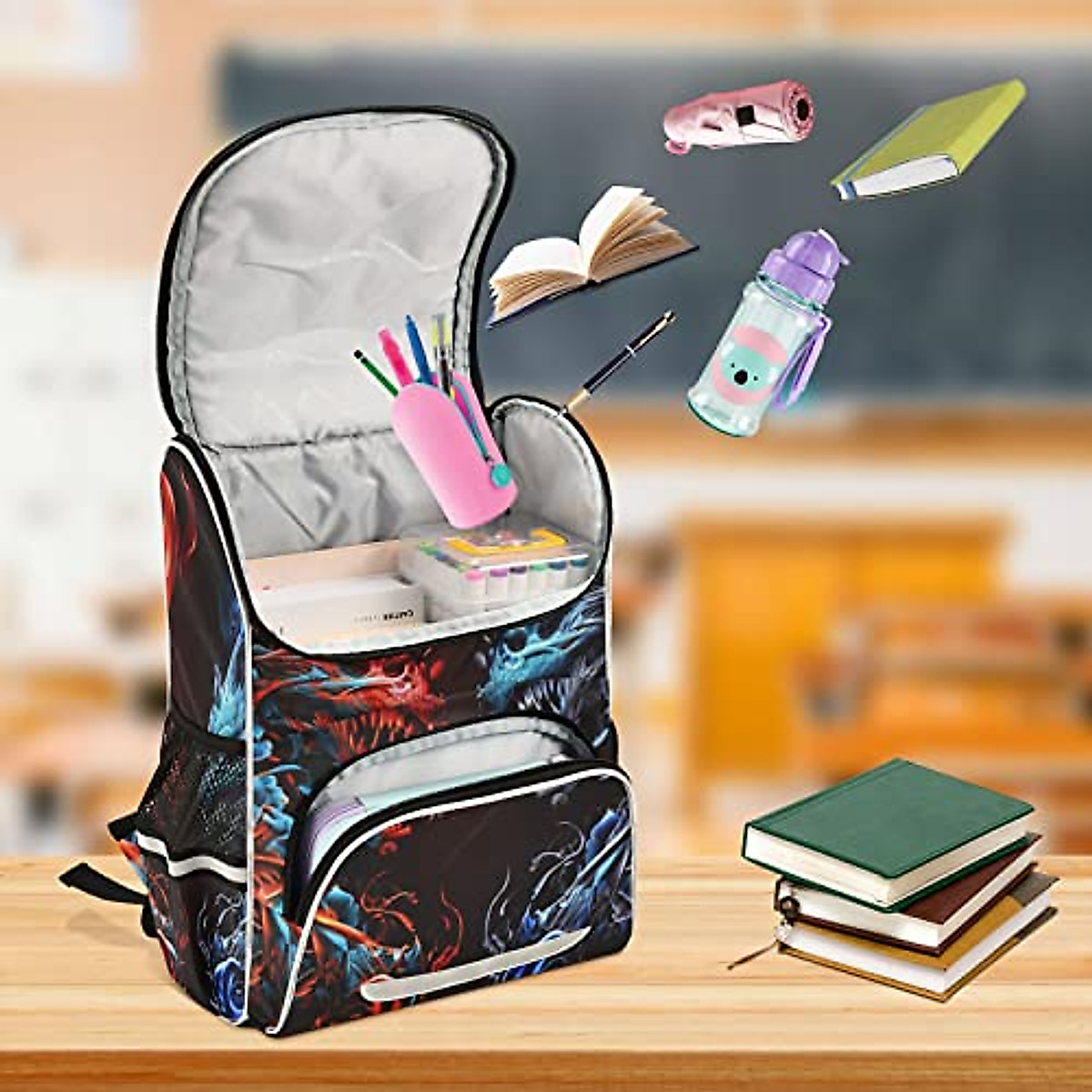 ODAWA Red Blue Dragon School Backpacks for Boy Kids Large Capacity Bookbags with Chest Strap for School and Travel